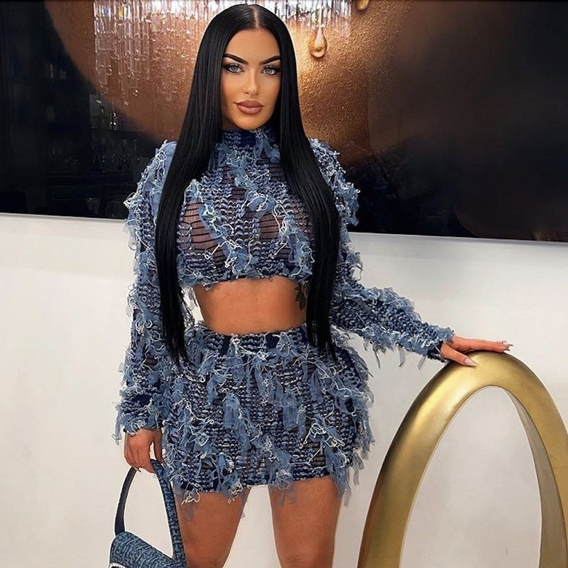 Mesh slim fit exposed navel high waisted short skirt set（CL12063 ...